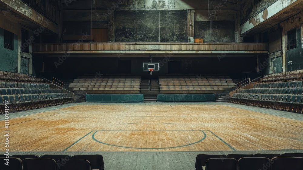 Old basketball stadium with faded lines on the court, worn wooden seats ...