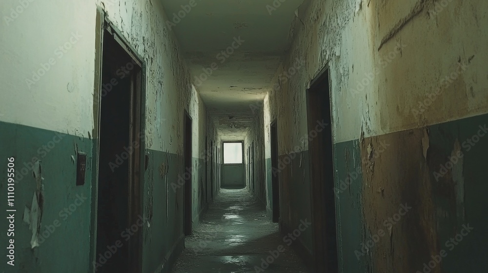 Abandoned underground bomb shelter featuring peeling walls and a long ...