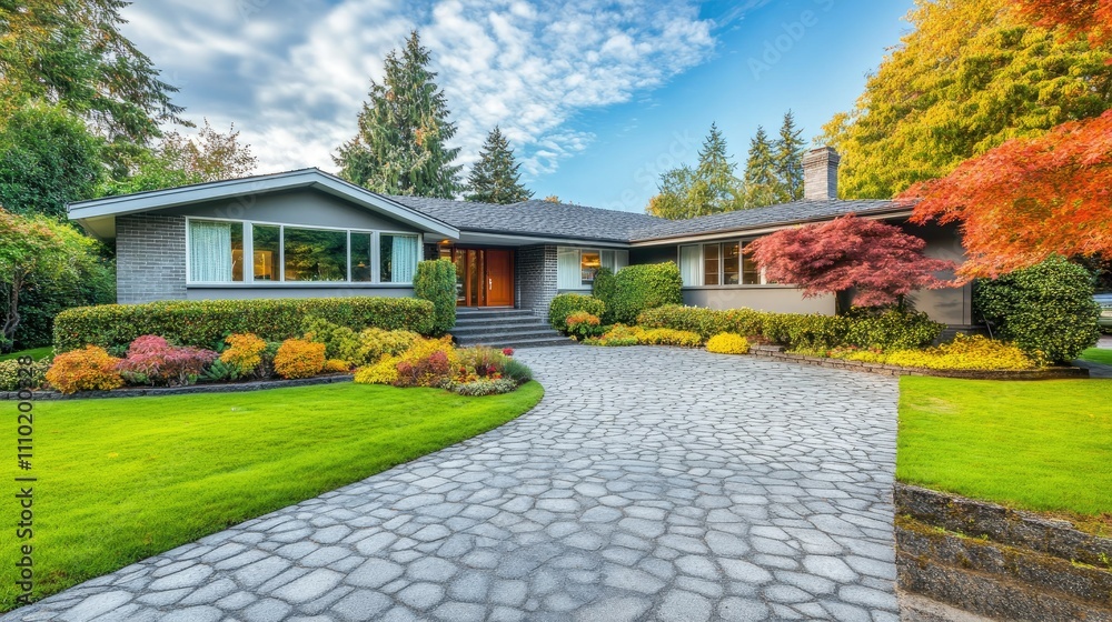 Elegant single-story L-shaped house with large bay windows, a well ...