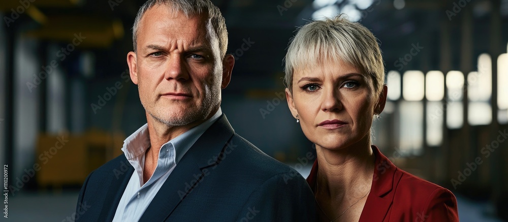 Confident business duo posing in industrial factory setting showcasing ...