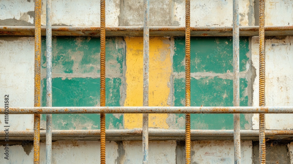 Construction site details featuring metal scaffolding tubes and ...
