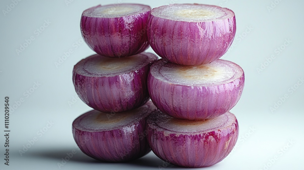 Layered red onion slices stacked on a neutral background showcasing ...