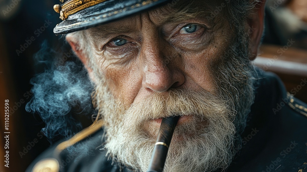 Elderly ship captain in uniform holding a smoking pipe with a ...