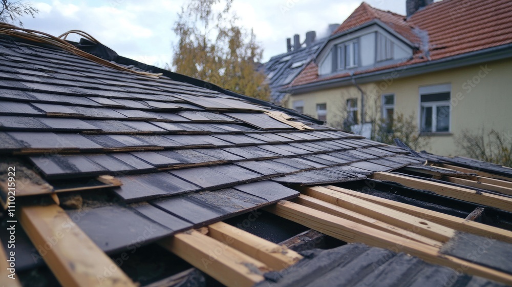 Tools and materials for roof reconstruction with wooden boards and ...