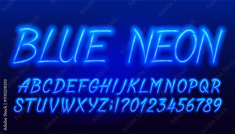 Blue Neon alphabet font. Hand drawn neon color letters and numbers ...