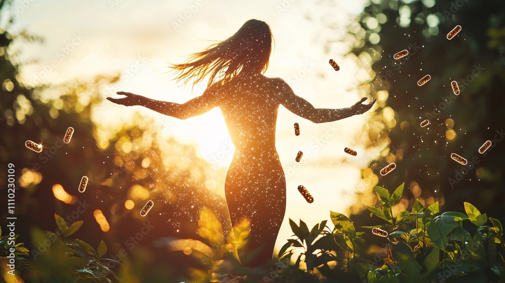 health immune strength in nature with woman silhouette embracing light ...