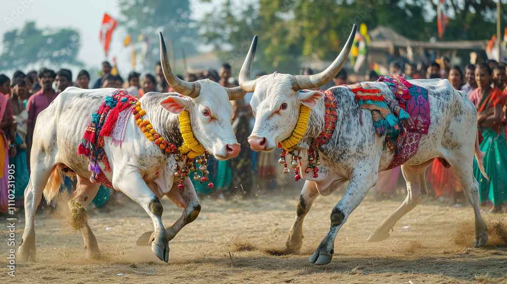 Bullfighting at Bihu Festival, two bulls decorated with brightly ...