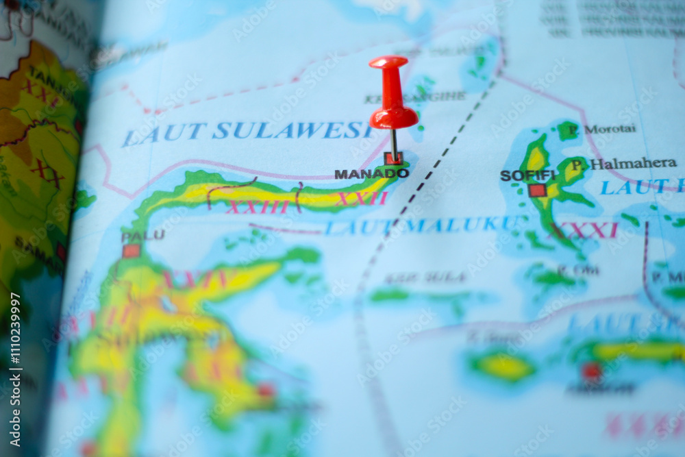 Manado Indonesia Travel Destination Marked on Map with Red Push Pin ...
