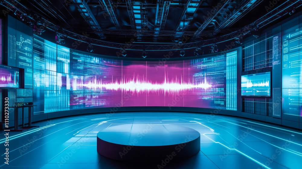 Futuristic hi-tech stage layout with sound wave led screen. Scifi ...