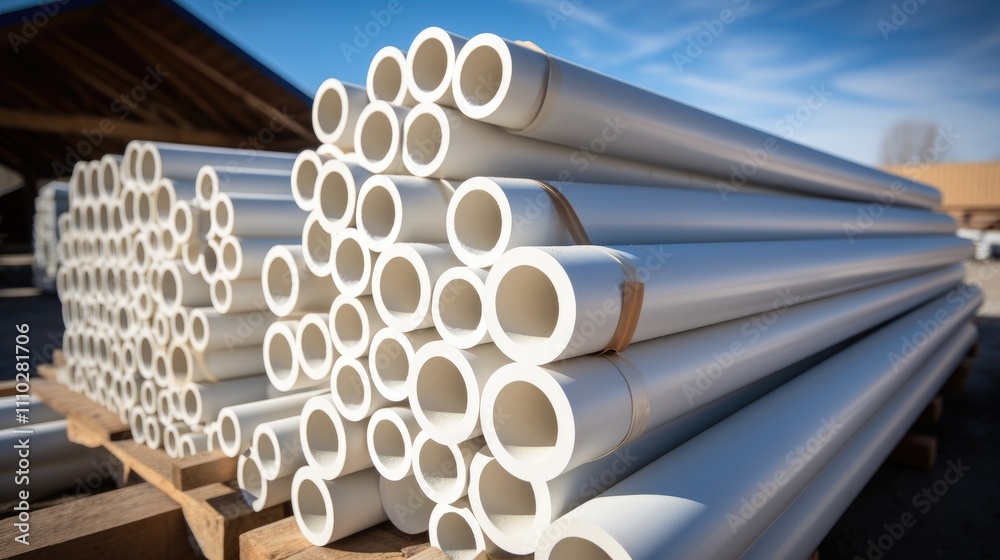 Stacked white PVC pipes and wooden lumber prepared for transportation ...