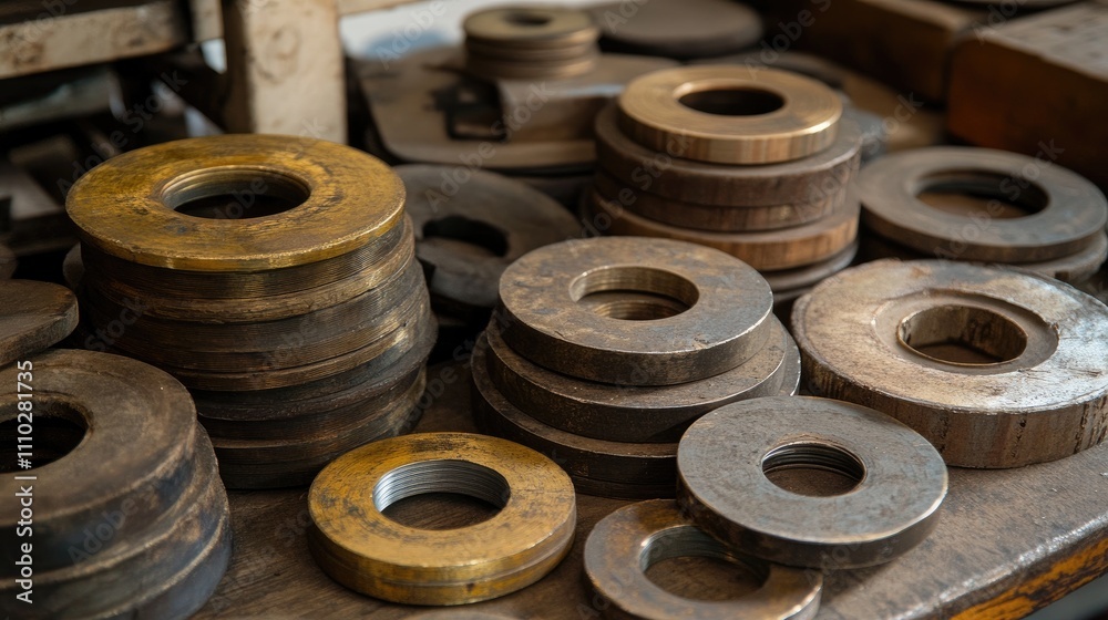 Various sizes and diameters of steel and brass washers arranged neatly ...