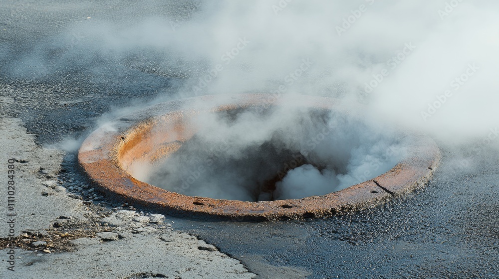 Steam rising from a manhole cover on an urban street creating a moody ...