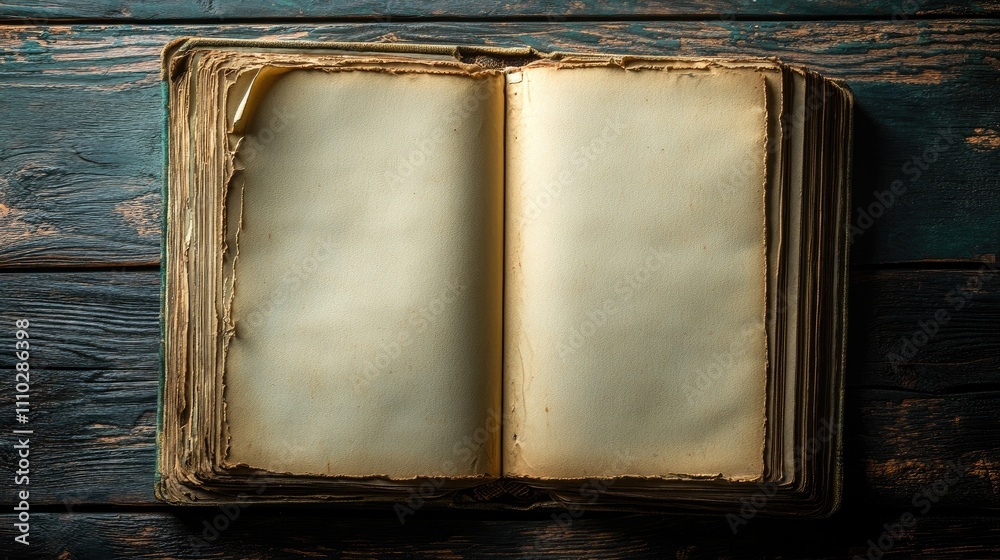 Vintage blank book cover with aged pages on rustic wooden background ...