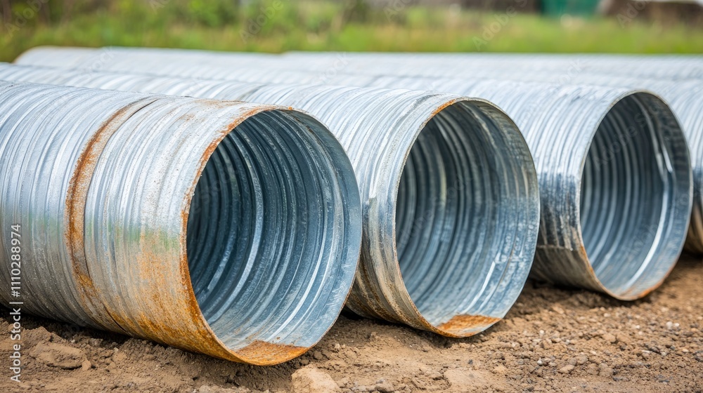 Galvanized Metal Conduit Tubes Stacked on Ground for Construction and ...