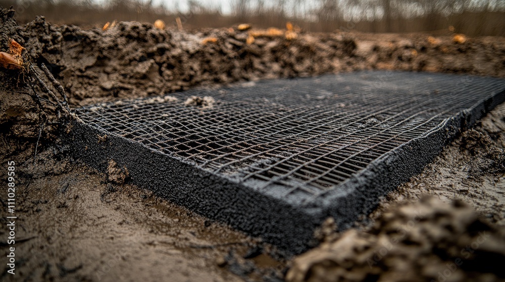 Welded wire mesh embedded in cement concrete on insulation foam board ...