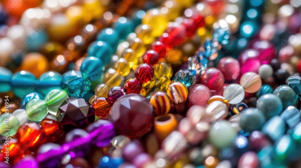 Colorful beads of different shapes and sizes threaded together ...