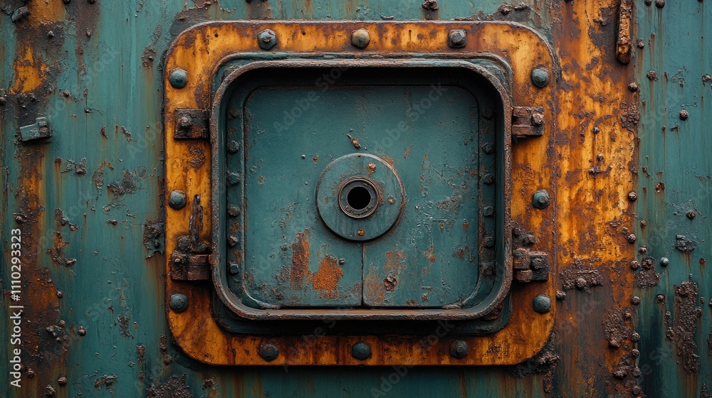 Rusty cargo ship door separating unauthorized access with aged metal ...