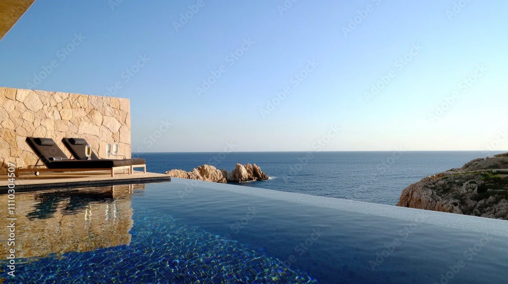 A rich person sipping champagne while lounging by a private infinity ...