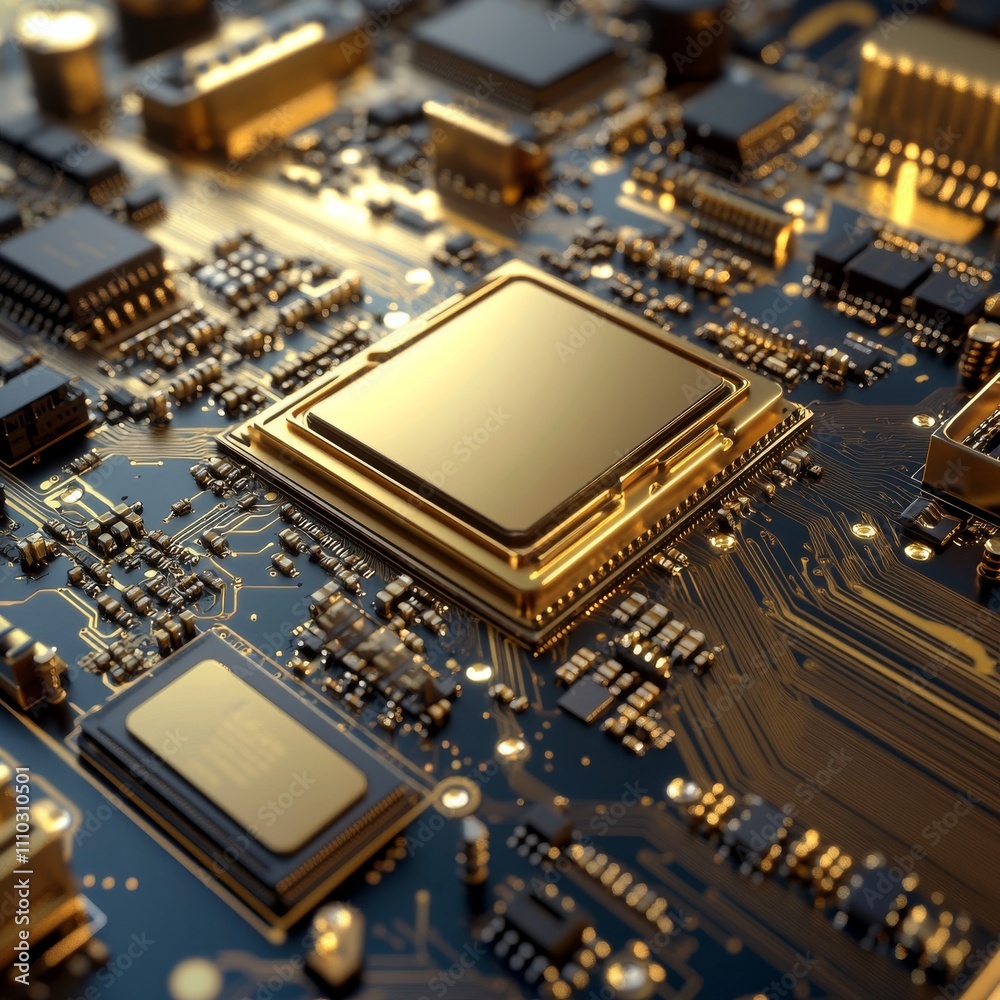 Technology background with 24k gold CPU and motherboard chipset ...