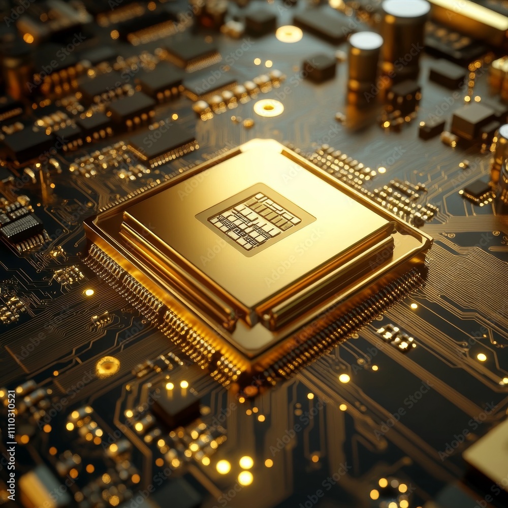 Technology background with 24k gold CPU and motherboard chipset ...