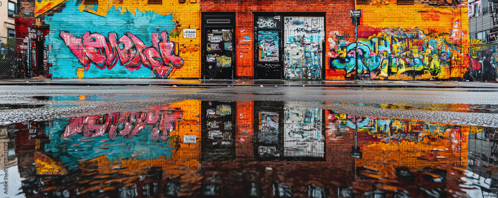 Vibrant New York street corner with colorful graffiti and puddles ...