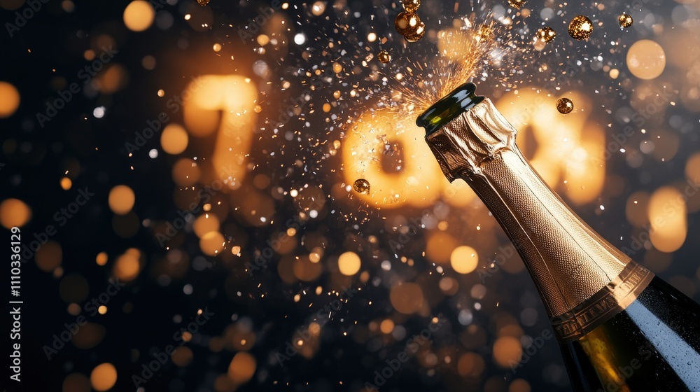 Champagne Bottle Being Popped Open with Golden Bubbles and Sparkling ...