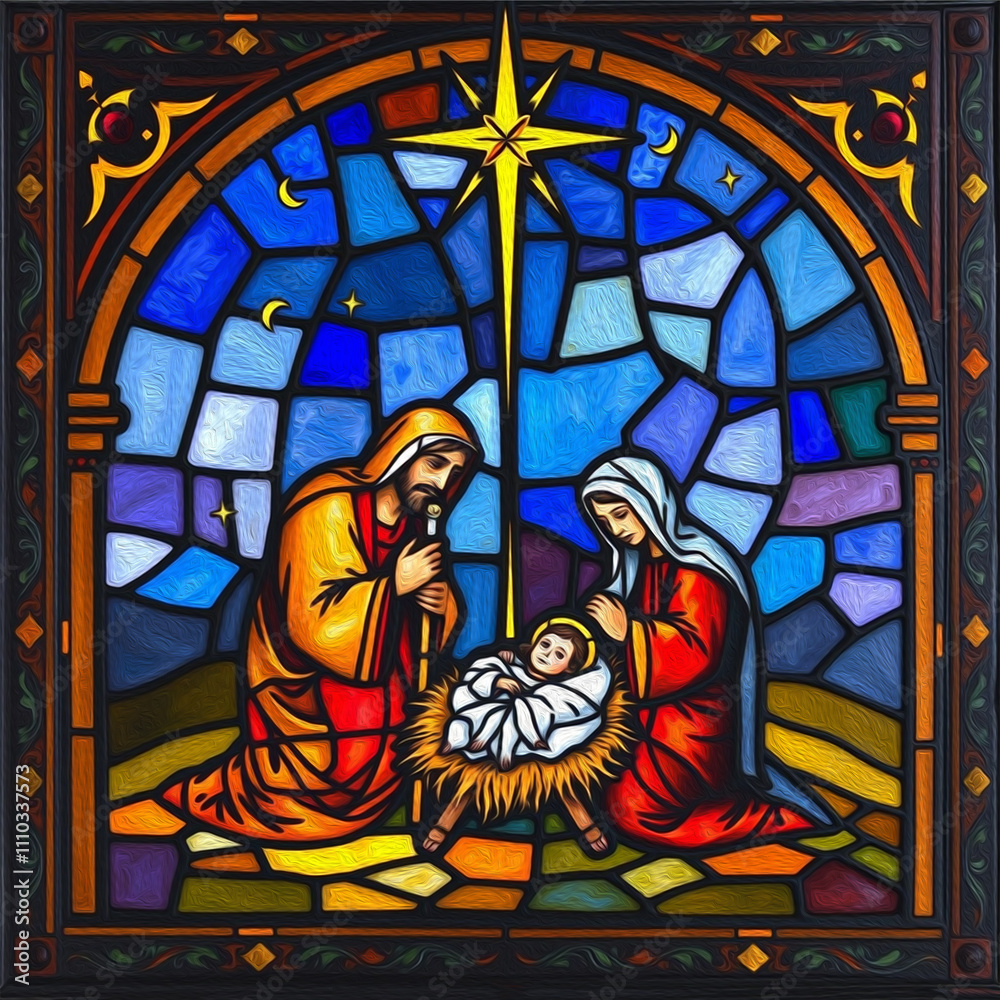 Stained glass window. The Nativity of Jesus. Christmas card design ...