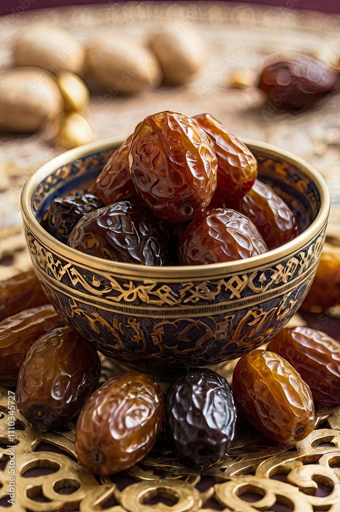 Arabian finest date fruits in an ornamental bowl with Islamic rosary ...