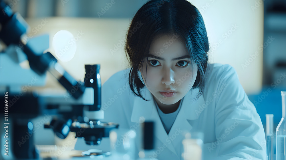 professional modern laboratory Asian female scientist examining sample microscope science ...