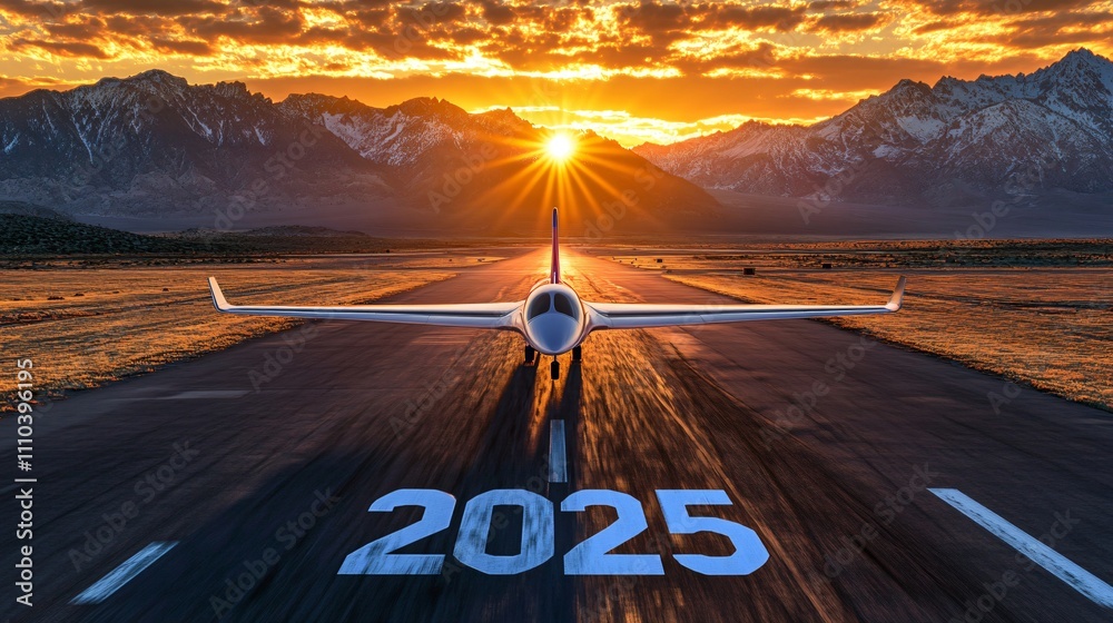 Private jet taking off at sunset towards 2025, majestic mountain backdrop. Stock Illustration ...