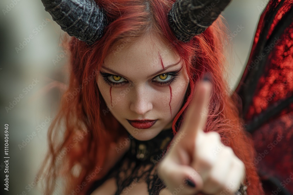 Redhead woman wearing devil horns and red wings pointing finger at ...