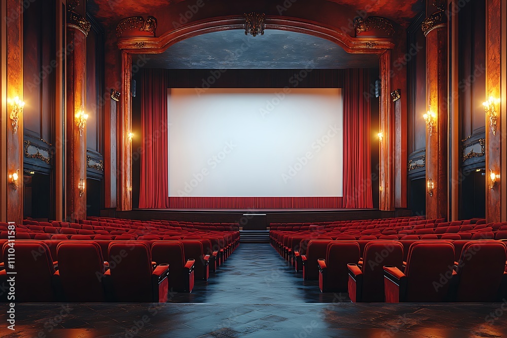 Cinema hall with white blank screen. Rows of seats, red cinema chairs. Theater empty scene ...