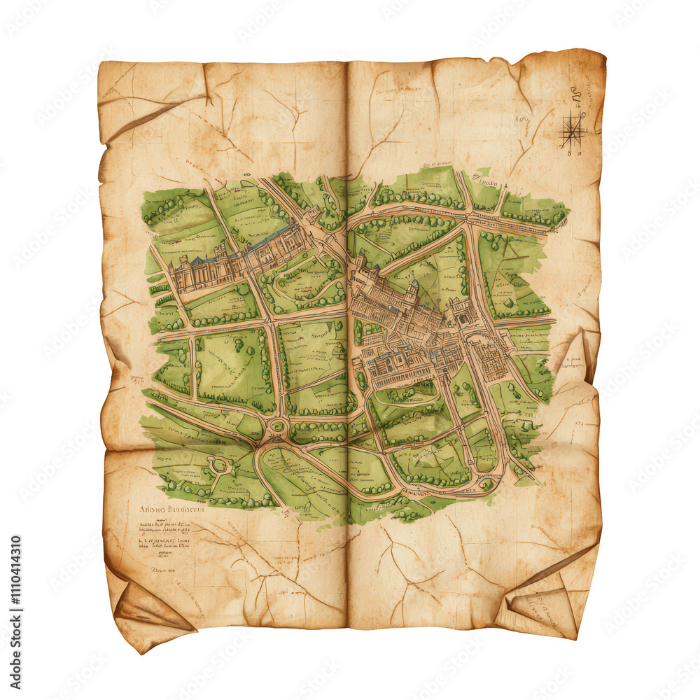 Ancient map illustration showing detailed layout of town with green ...