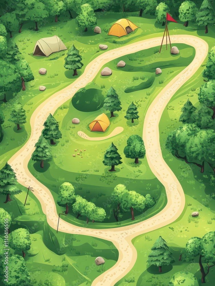 Trail map. Tourists hiking footpath from start to finish with camping ...