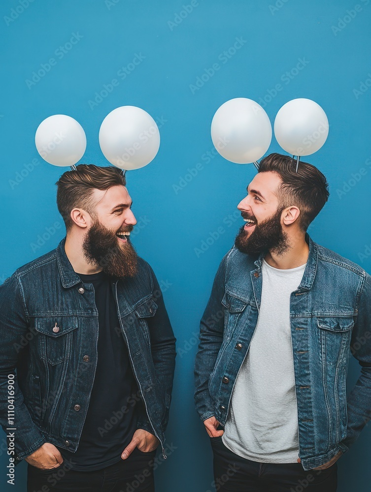 Two happy hipster Caucasian men with beard facing each other wearing ...