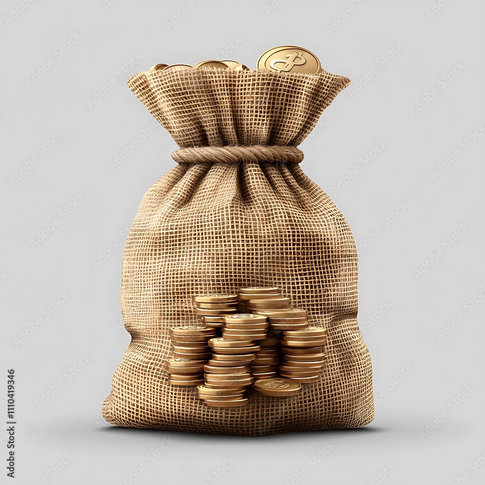 Money Bag with Stacked Coins in Realistic 3D, Isolated on Transparent ...