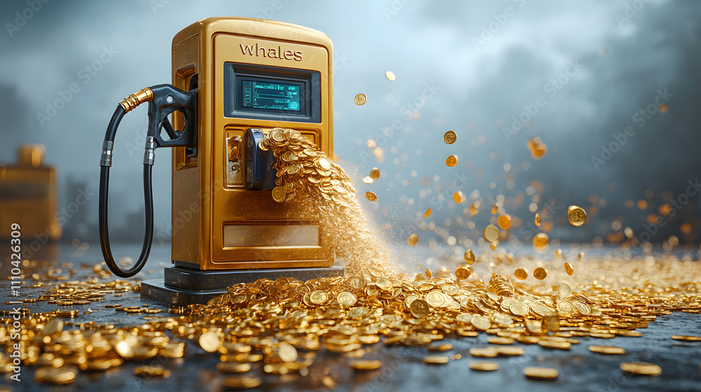 A gas pump spewing gold coins instead of fuel, symbolizing the wealth ...