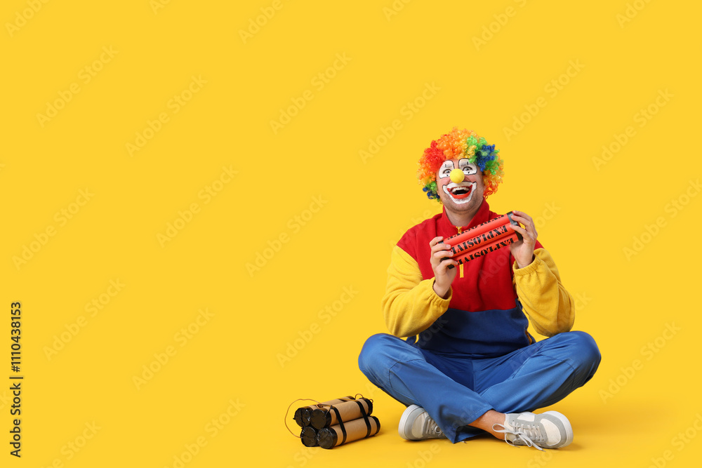 Young man as laughing crazy clown with dynamite sitting on yellow ...