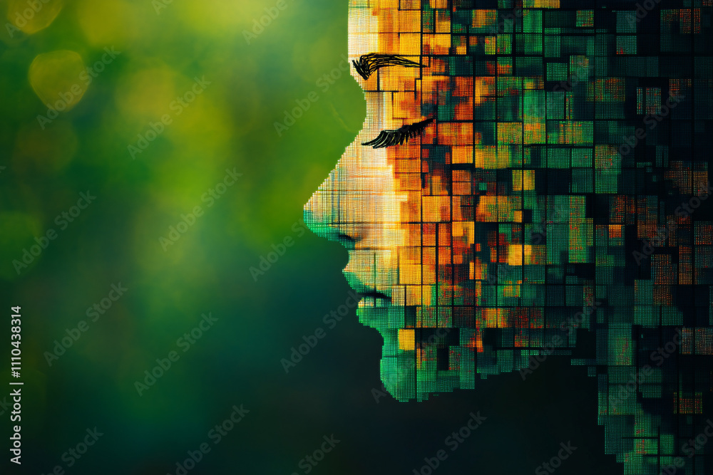 Artistic Digital Human Profile Dissolving into Colorful Particles ...