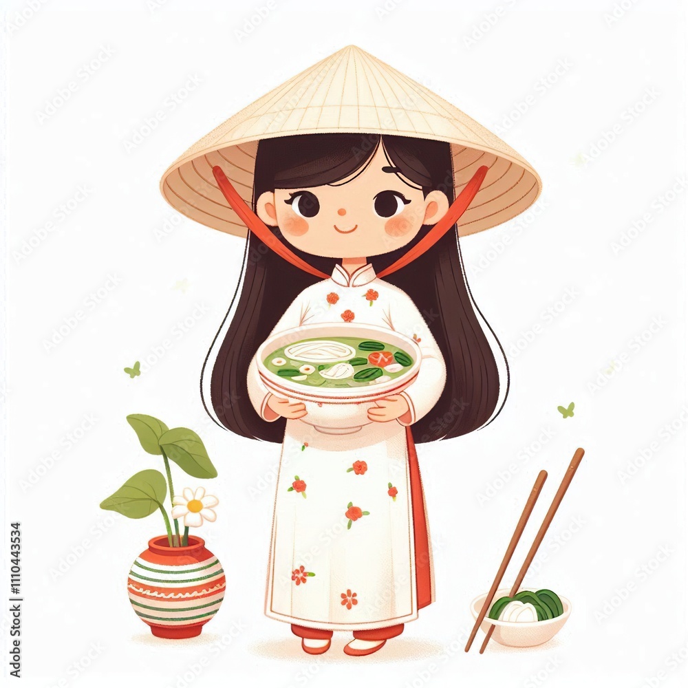 Cute vietnamese girl wearing traditional dress and conical hat, holding ...