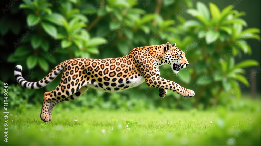 Leopard leaps through lush greenery in a vibrant forest, showcasing ...