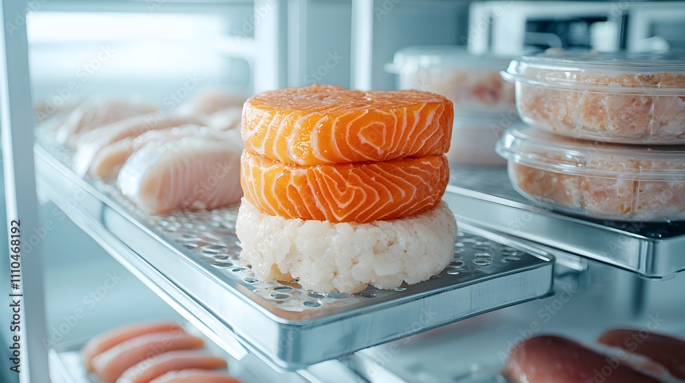 Sea bass and fish cakes stacked in freezer shelves, cold environment ...
