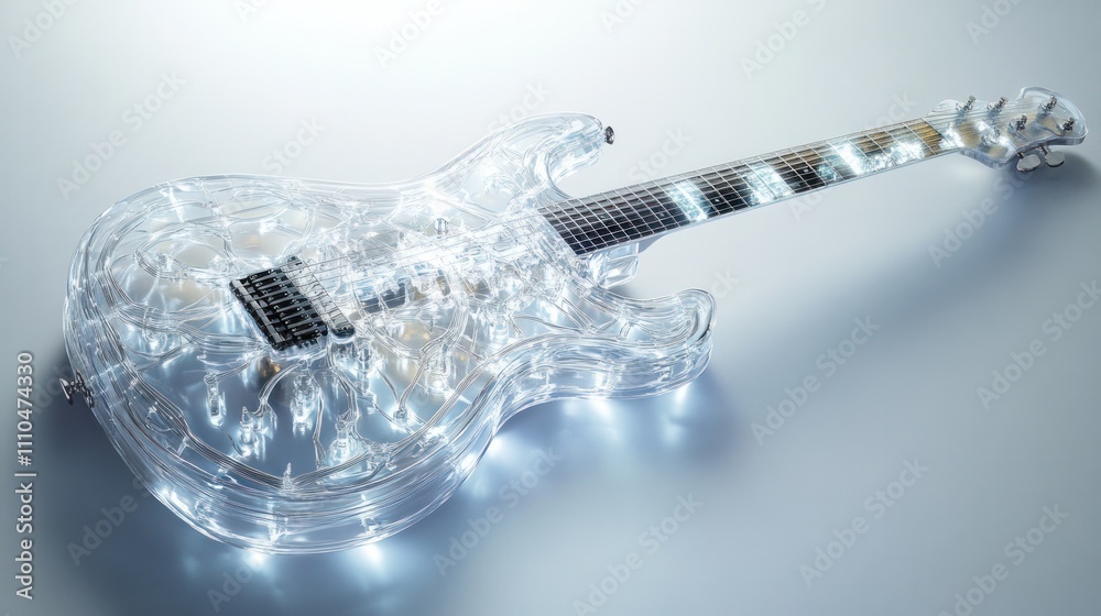 guitar with a transparent body, revealing complex internal structures ...