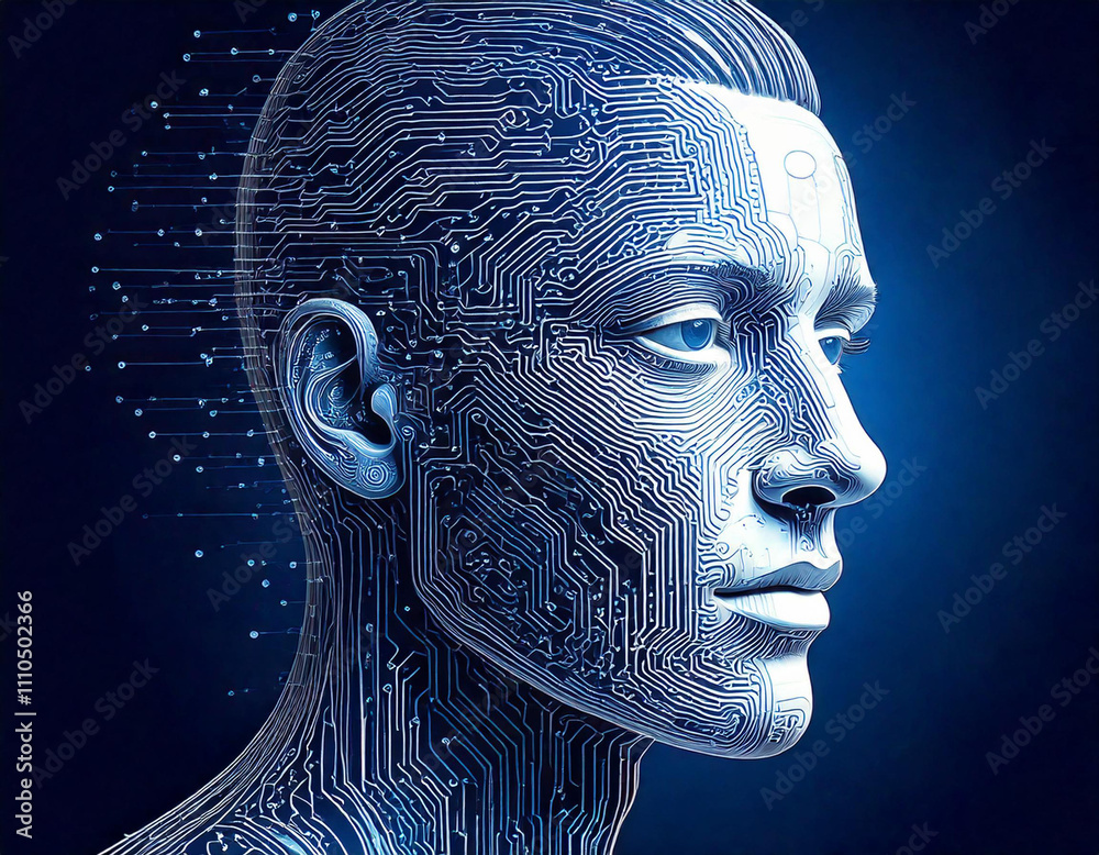Digital circuit lines forming a human profile with intricate detailing ...