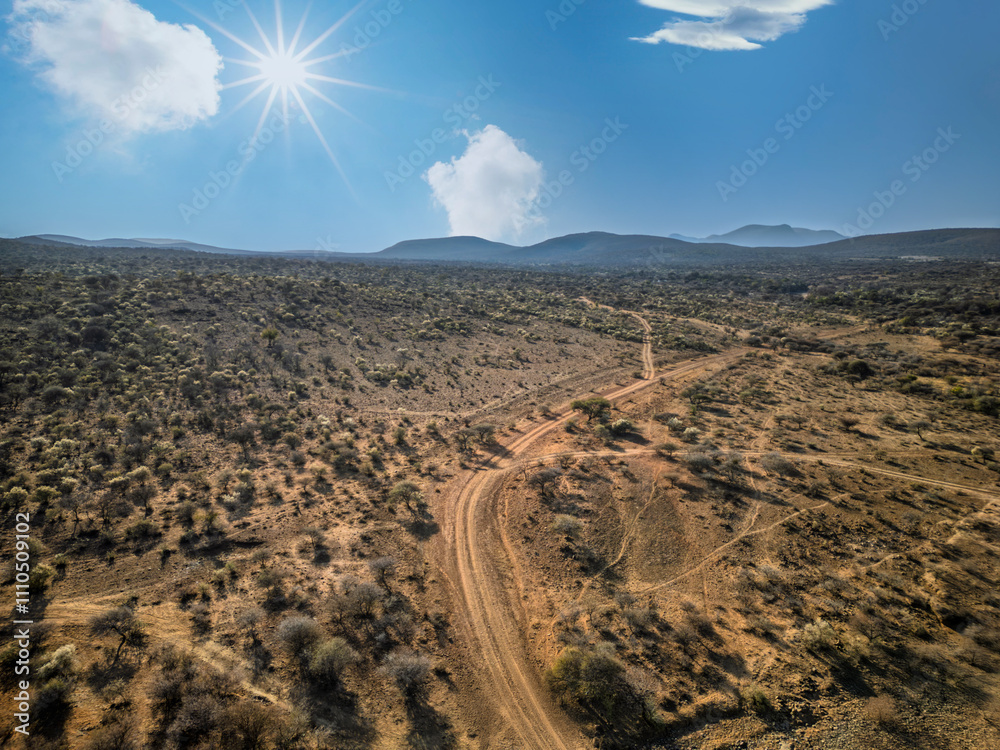 aerial view dirt road in african bush and shrubs in the southern Africa ...