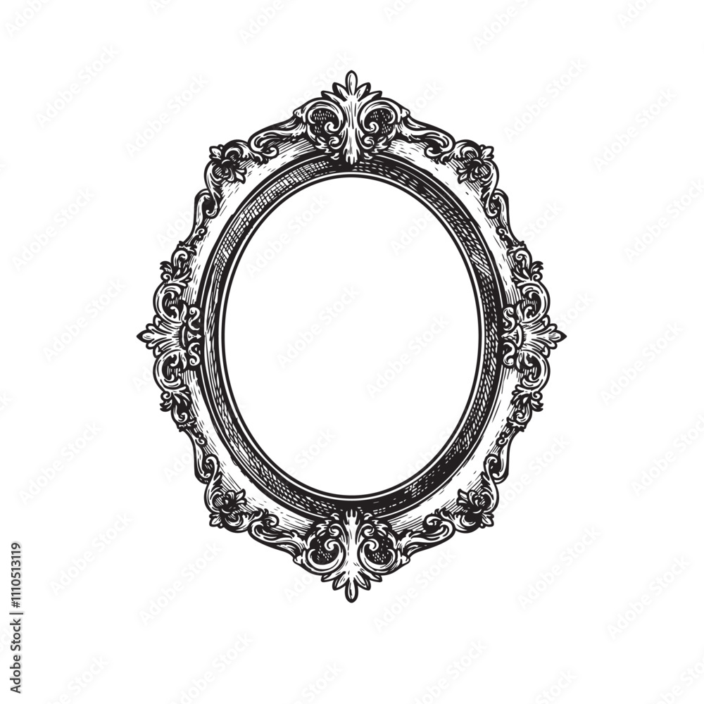 Oval vintage picture frame. Hand drawn victorian retro sketch style ...