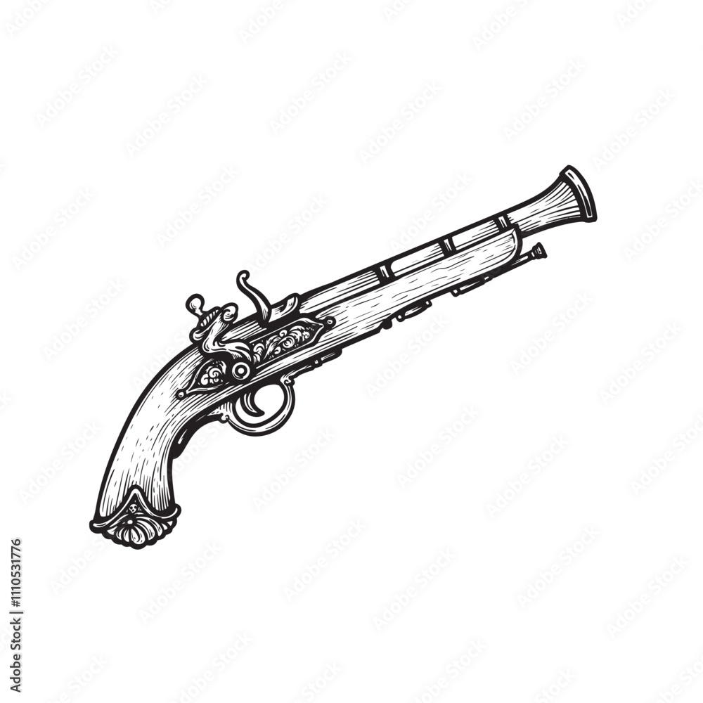 Hand drawn musket pistol with wooden grip. Flintlock gun in retro ...