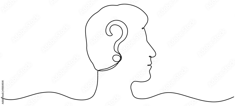 Continuous line art drawing head with question mark. Thinking linear ...