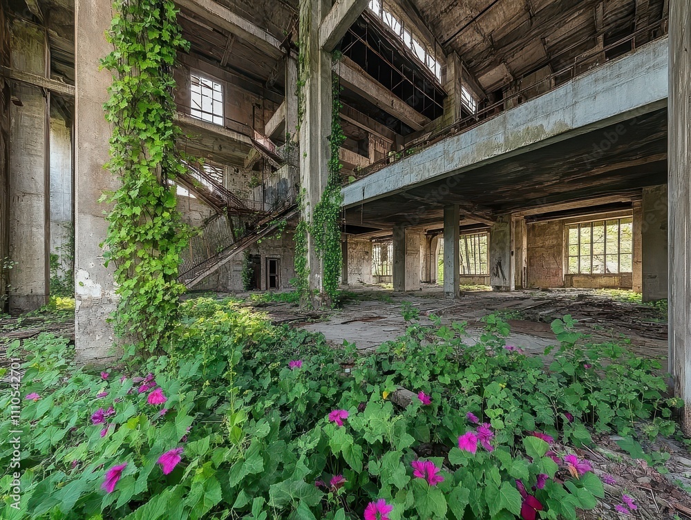 Human vs Nature Concept. An abandoned building overtaken by greenery, featuring a dilapidated ...