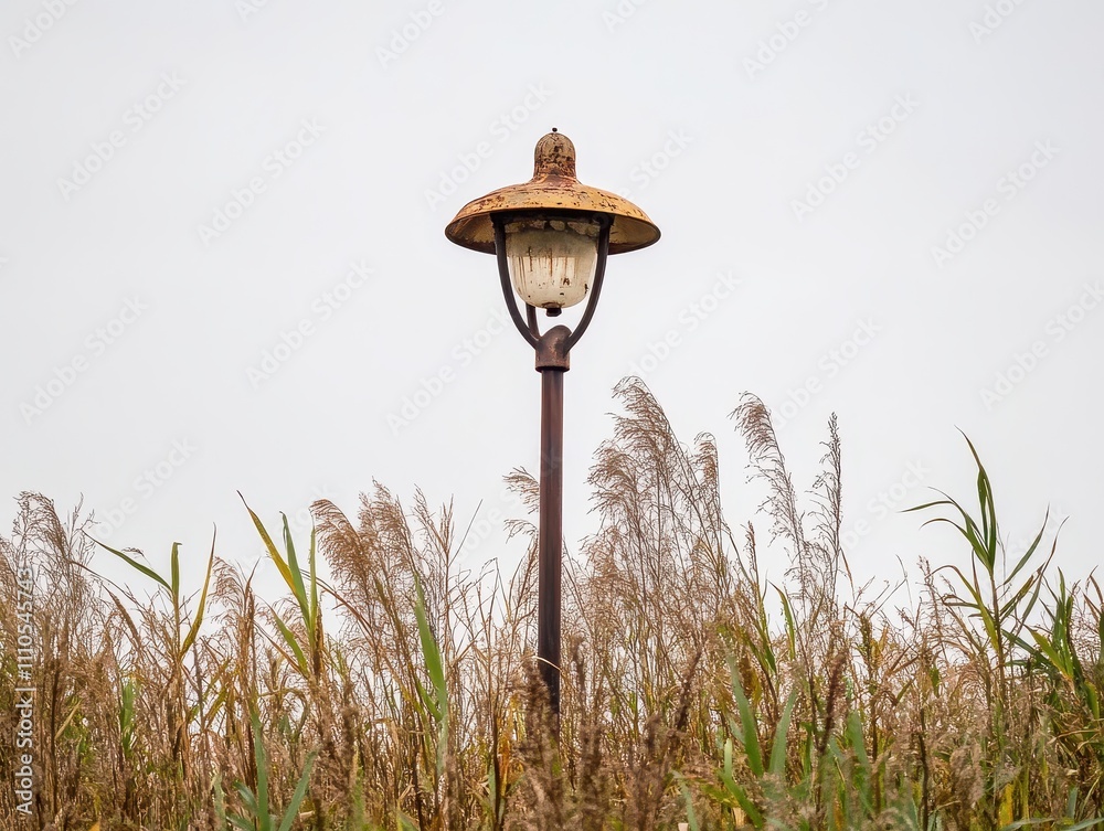 Human vs Nature Concept. A lamp post stands amidst tall grasses ...